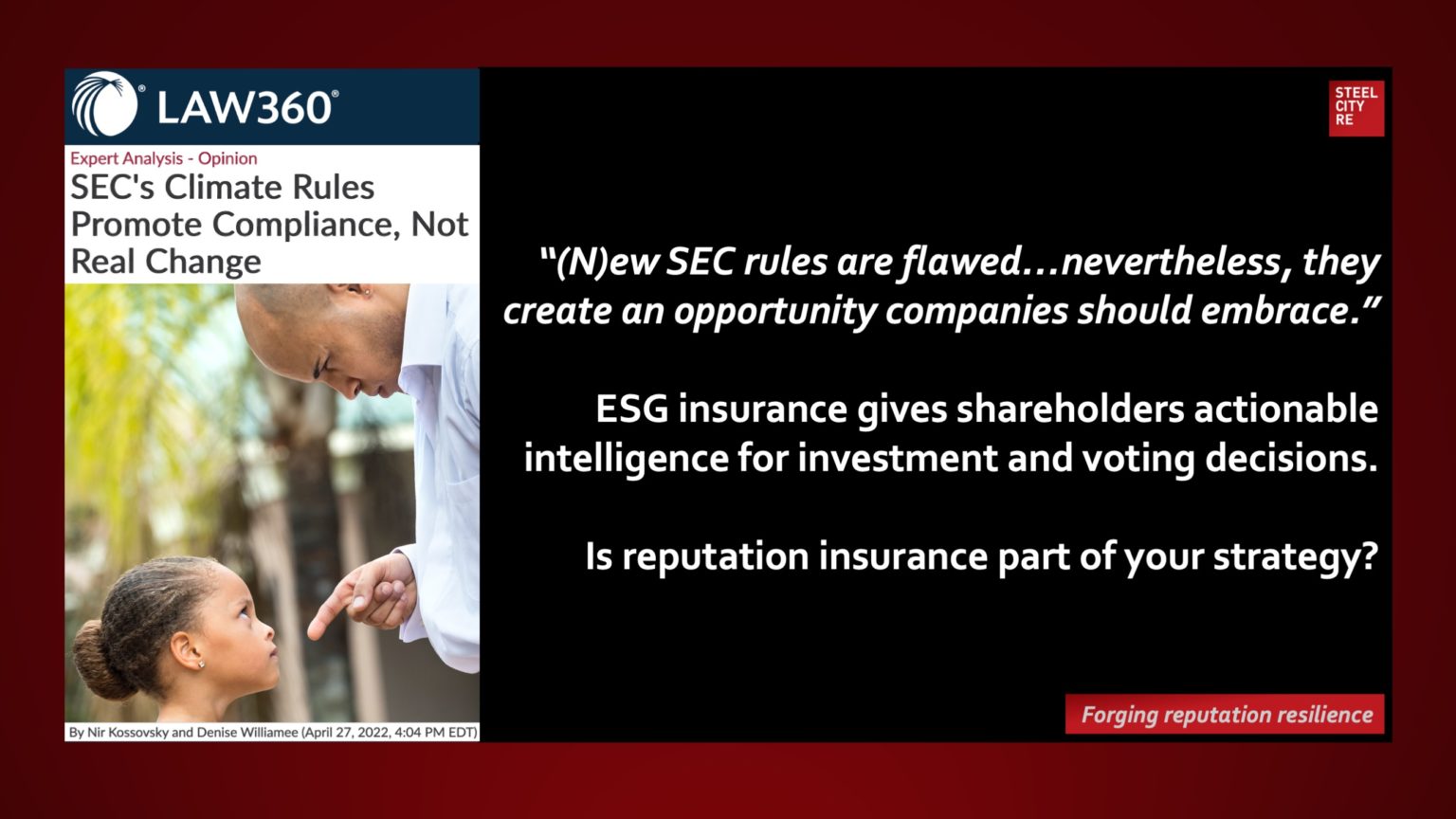 SEC ESG Compliance Law 360 – Steel City Re